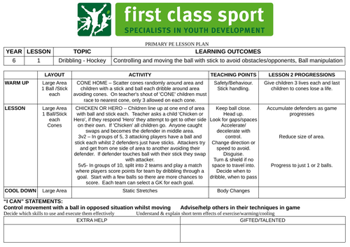 KS2 PE Plans - Year 6 - Hockey x 3 Plans (Dribbling, Passing, Stopping ...