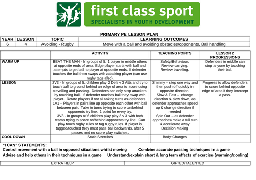 KS2 PE Plans - Year 6 - Rugby x 4 Plans (Travelling, Passing, Catching ...