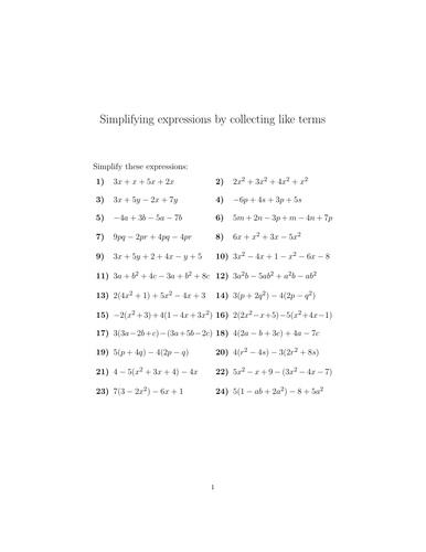 Simplifying expressions by collecting like terms (harder) worksheet ...