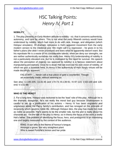 Talking Points - HSC Advanced Mod B: Henry IV, Pt 1 | Teaching Resources