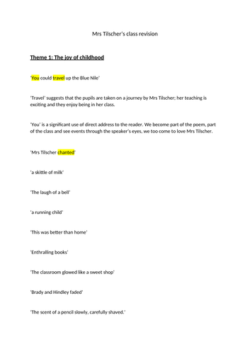 Carol Ann Duffy Mrs Tilscher’s Class resources | Teaching Resources