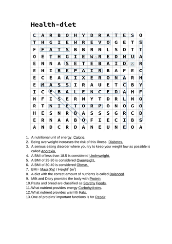 Health-diet word search. | Teaching Resources