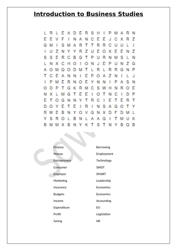 Introduction to Business Studies- word search | Teaching Resources