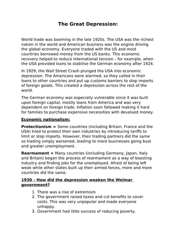 Great Depression notes OCR GCSE 9-1 | Teaching Resources