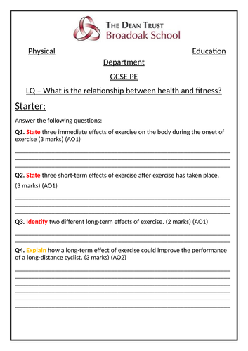 AQA GCSE PE (9-1) Physical Training - Relationship between Health and ...