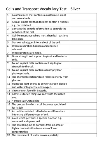 Cells and Transport Vocab Tests AQA Biology | Teaching Resources