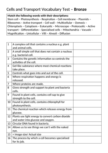 Cells and Transport Vocab Tests AQA Biology | Teaching Resources