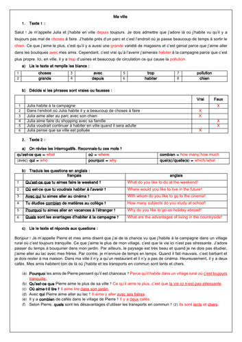 French Ma ville / Mon quartier - Town and area reading comprehension ...