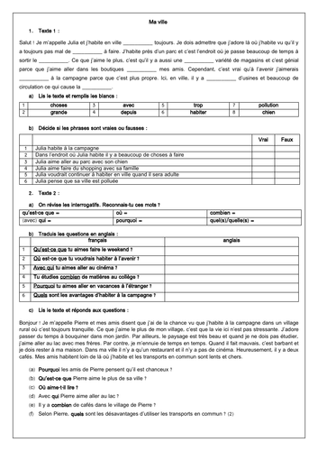 French Ma ville / Mon quartier - Town and area reading comprehension ...