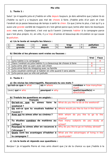 French Ma ville / Mon quartier - Town and area reading comprehension ...
