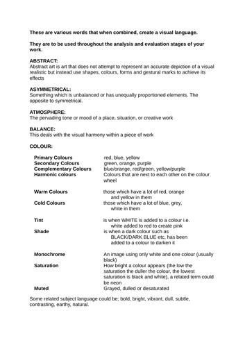Subject Language Key words, Art and Design, all levels | Teaching Resources