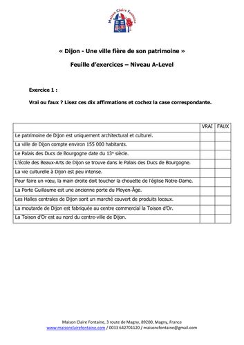KS5 French Listening Exercise - Le Patrimoine Dijon | Teaching Resources