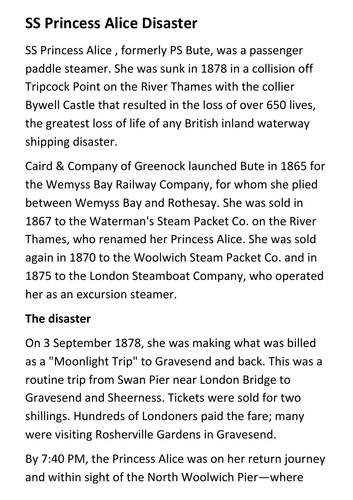 SS Princess Alice Disaster Handout | Teaching Resources
