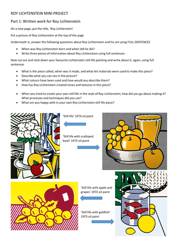Roy Lichtenstein still life project DISTANCE LEARNING | Teaching Resources