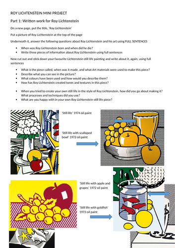 Roy Lichtenstein still life project DISTANCE LEARNING | Teaching Resources