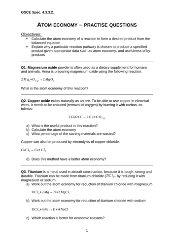 Atom Economy - practice questions (GSCE) - WORD version | Teaching ...