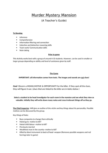 Murder Mysteries: The Mansion Game | Teaching Resources