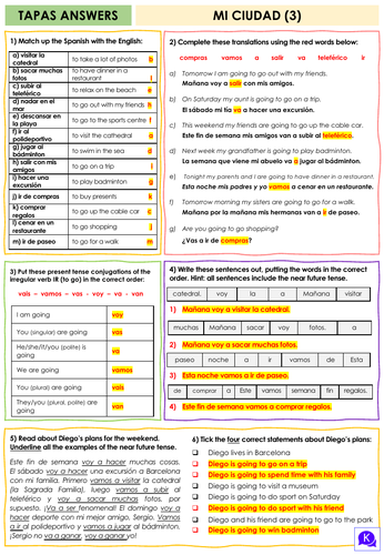 SPANISH TAPAS WORKSHEET WITH ANSWERS - Mi ciudad [3] | Teaching Resources