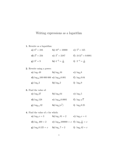 Writing expressions as a logarithm worksheet (with solutions ...