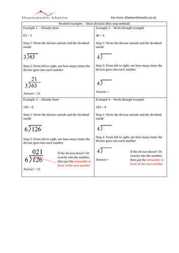 Short division (Bus stop method) - worksheet | Teaching Resources