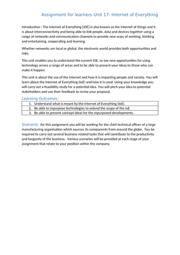 OCR Cambridge Technicals Unit 17 Internet of Everything H/507/5020 ...