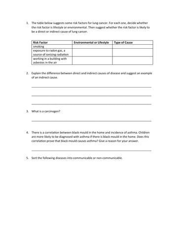 Disease Risk Factors Supplementary Slides and Worksheet (GCSE Biology ...
