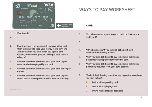 Money: Ways To Pay and ATM Worksheets (UK) | Teaching Resources