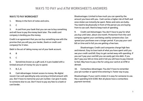 Money: Ways To Pay and ATM Worksheets (UK) | Teaching Resources