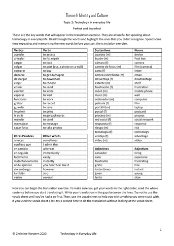 Technology Translation & Vocab: GCSE Spanish Theme 1: Topic 2 ...