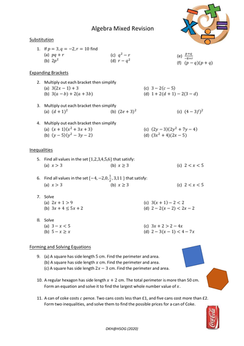 Algebra Mixed Revision | Teaching Resources