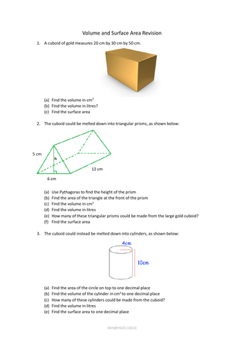 Volume & Surface Area Revision | Teaching Resources