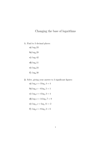 Changing the base of logarithms worksheet (with solutions) | Teaching ...