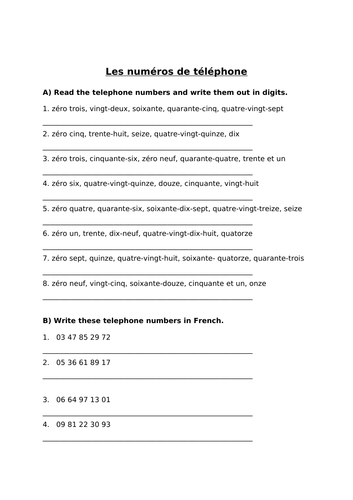 French numbers 1-100 (telephone numbers) worksheet | Teaching Resources