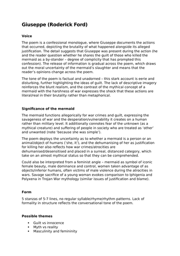 Giuseppe (Roderick Ford): Poem Analysis | Teaching Resources