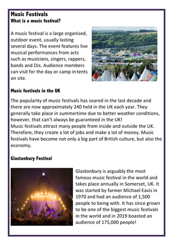 Ks3 Music Festivals worksheet remote learning | Teaching Resources