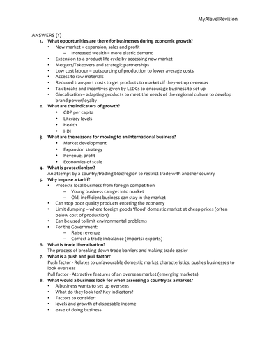 A level Business Revision Questions; Theme 4 | Teaching Resources