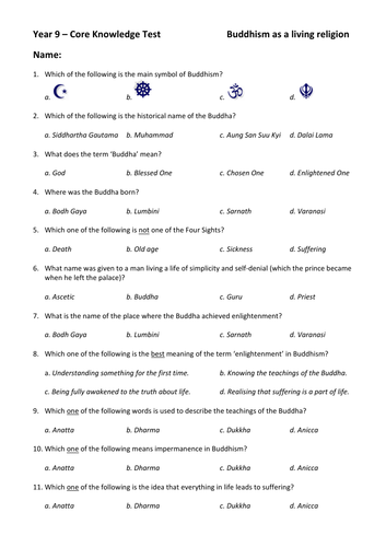 RE KS3 Knowledge Organiser & Test: Buddhism | Teaching Resources