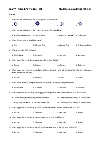 RE KS3 Knowledge Organiser & Test: Buddhism | Teaching Resources