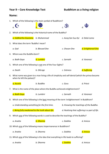 RE KS3 Knowledge Organiser & Test: Buddhism | Teaching Resources