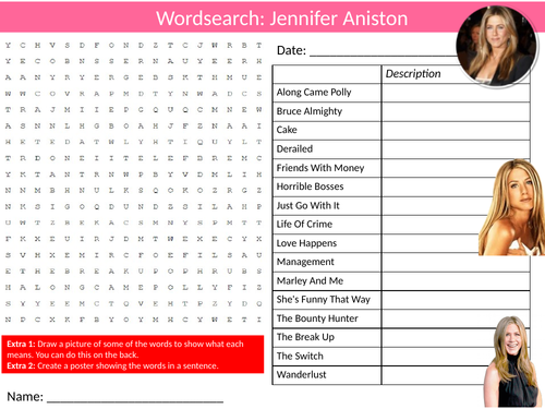 Jennifer Aniston Wordsearch Sheet Starter Activity Keywords Cover Drama ...