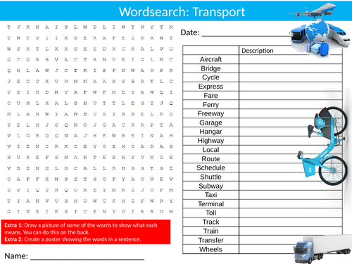 Transport Wordsearch Starter Settler Literacy Activity Homework Cover ...