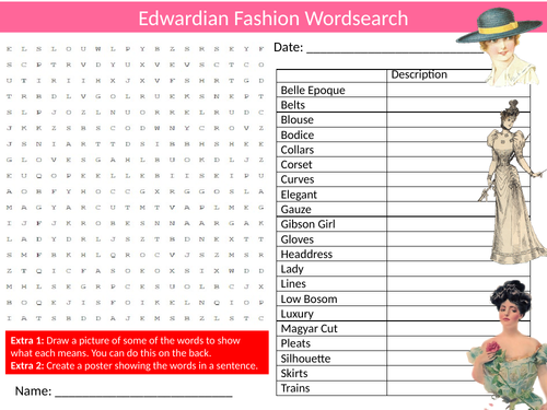 Edwardian Fashion Wordsearch Starter Settler Activity Homework Cover ...