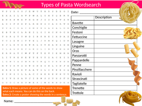 Types of Pasta #3 Wordsearch Starter Settler Activity Homework Cover ...