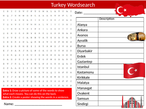 2 x Turkey Country Wordsearch Starter Settler Activity Homework Cover ...