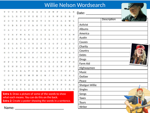 Willie Nelson Wordsearch Starter Settler Activity Homework Cover Lesson ...