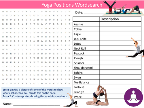 Yoga Positions Wordsearch PE Sports Starter Settler Activity Homework ...