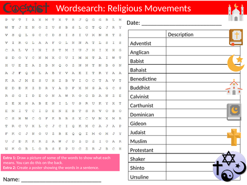 2 x Religious Movements Wordsearch Starter Settler Activity Homework ...