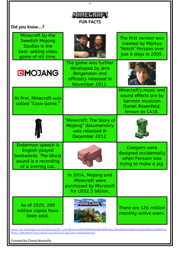 History of Minecraft Comprehension/Literacy Activity | Teaching Resources