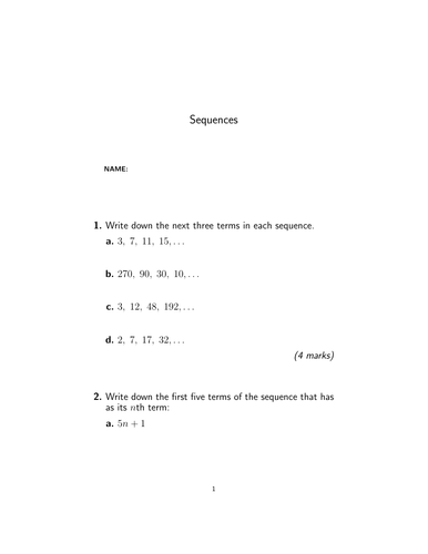 Sequences test (with solutions) | Teaching Resources