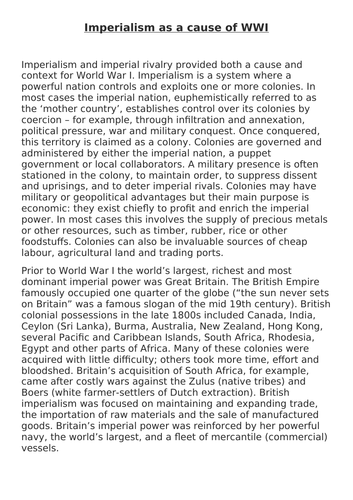 Imperialism as a cause of WWI | Teaching Resources